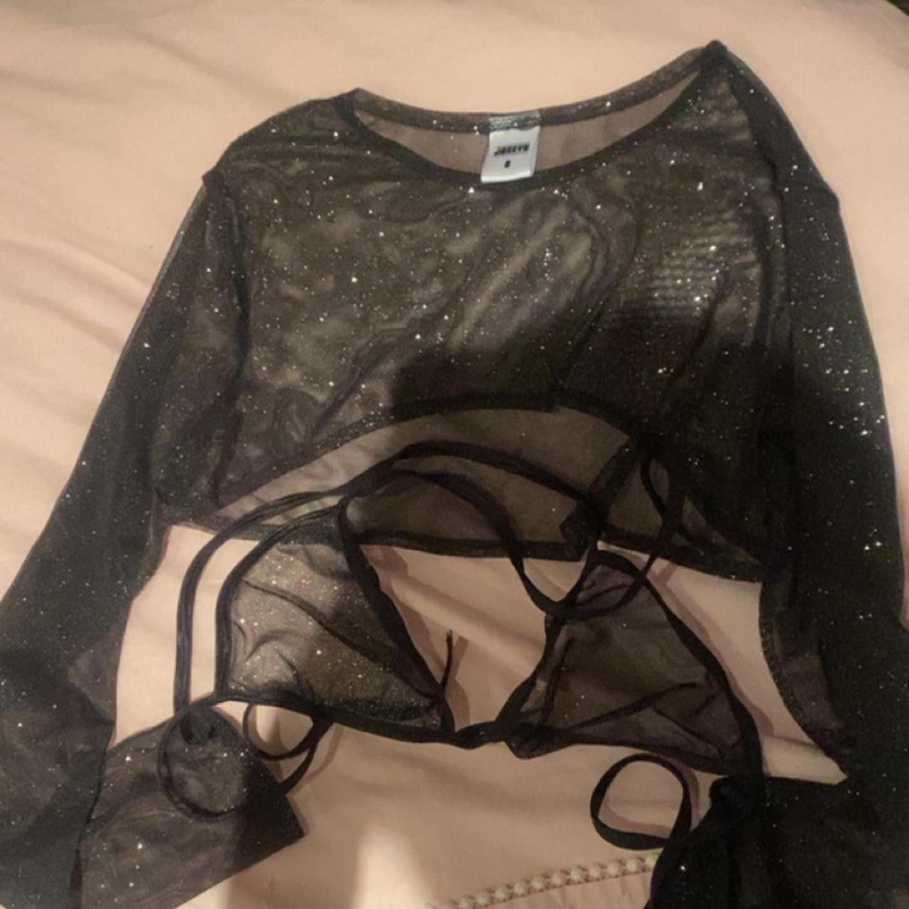Jaceys black glitter mesh bralet and cropped long... - Depop