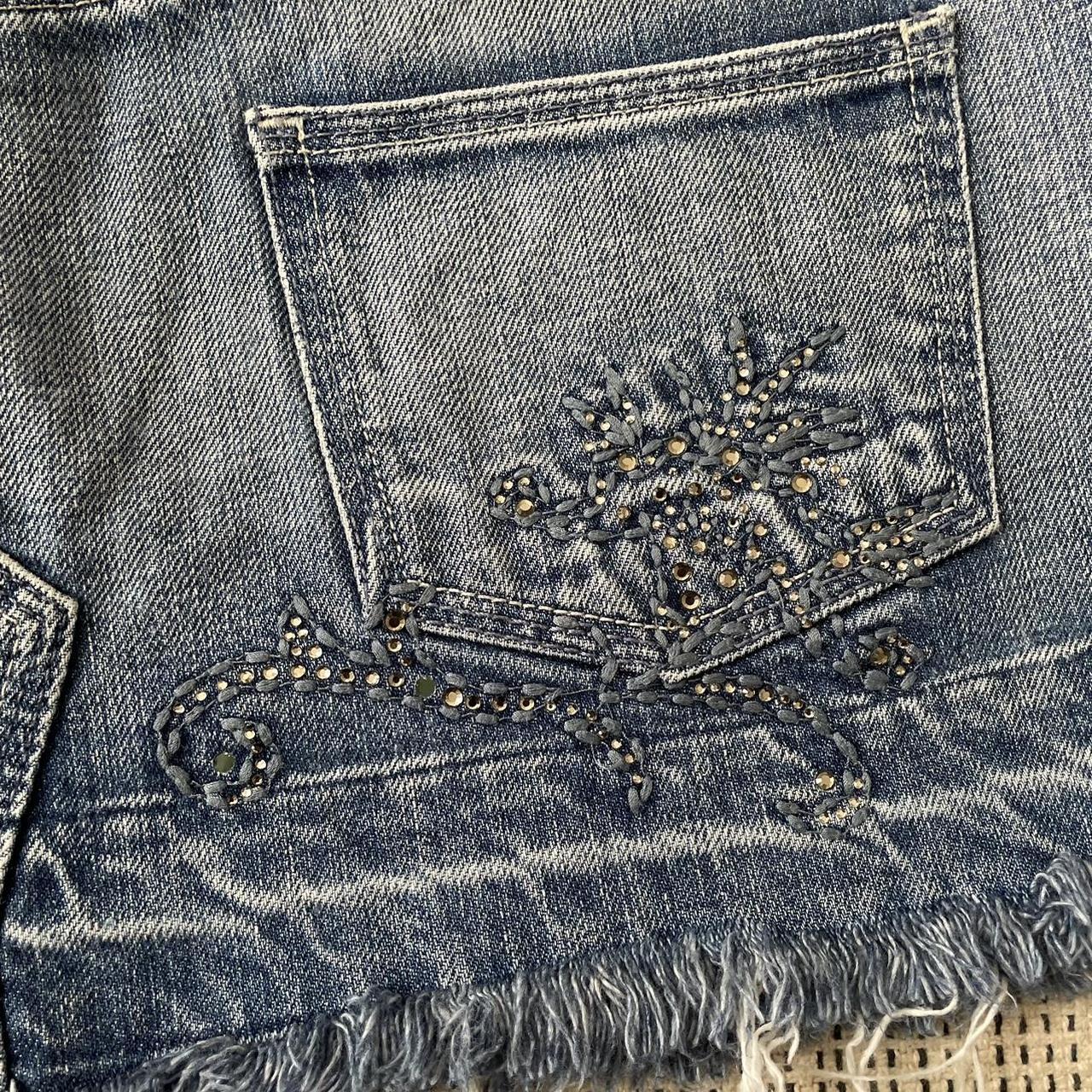 y2k rhinestone denim mini skirt has a couple... - Depop