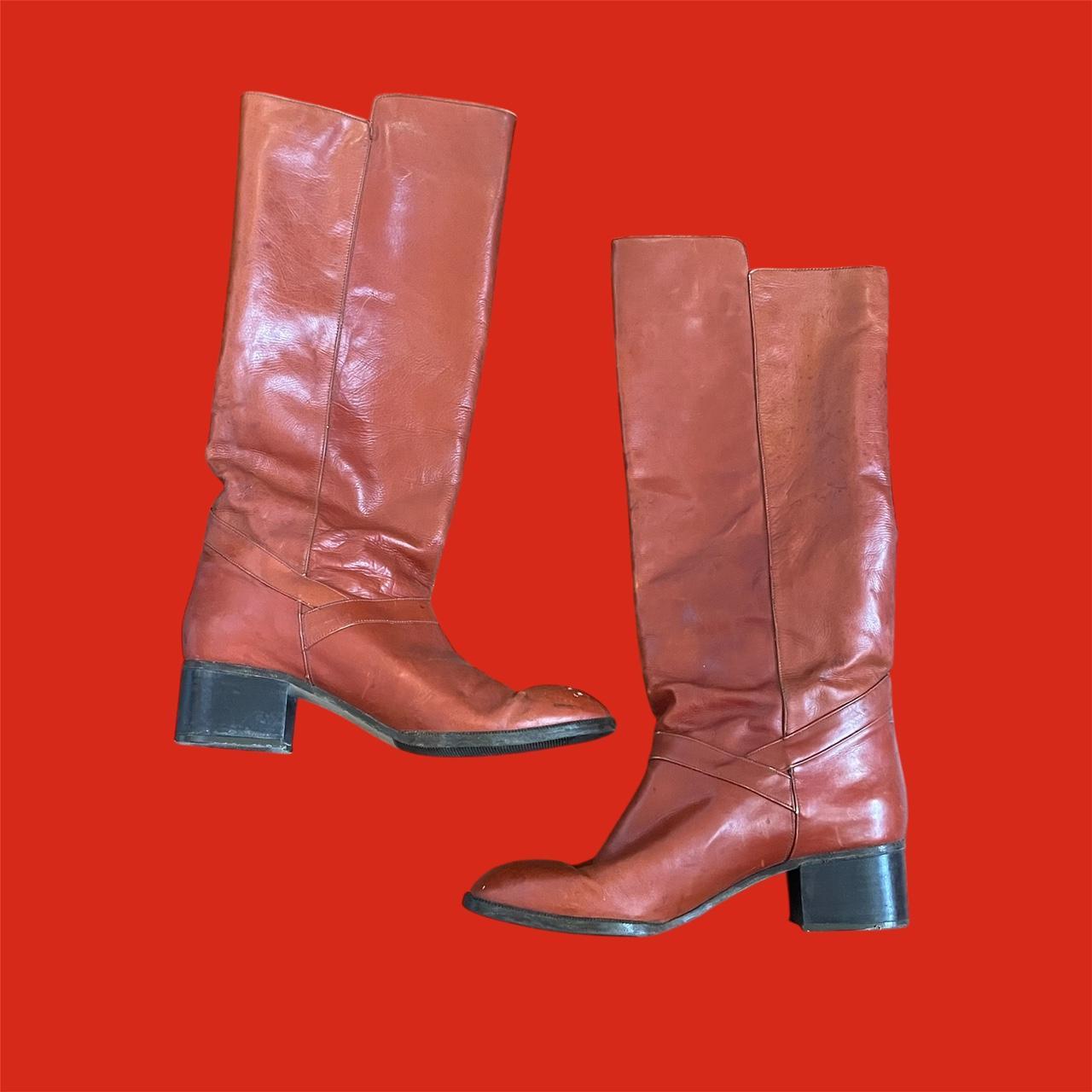 tomato red leather knee-high boots vintage... - Depop