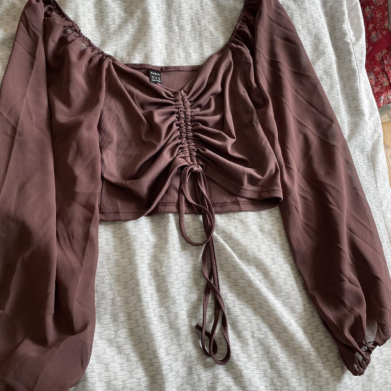 Brown crop top with ruched middle and mesh balloon... - Depop