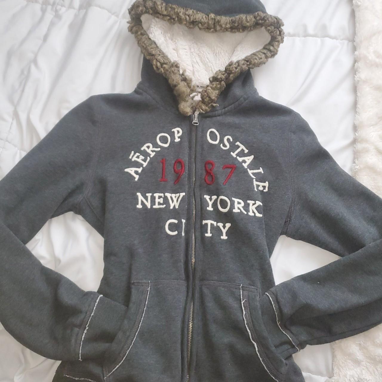 Grey Aeropostale zip-up hoodie with fur trim open... | Depop