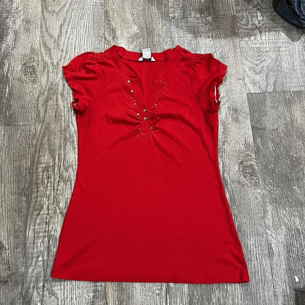 Adorable Y2K red cinched beaded v neck #y2k #2000s... - Depop