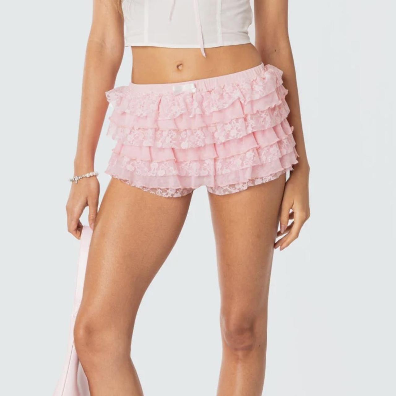 Edikted Pink Lace Ruffle Shorts in perfect... - Depop