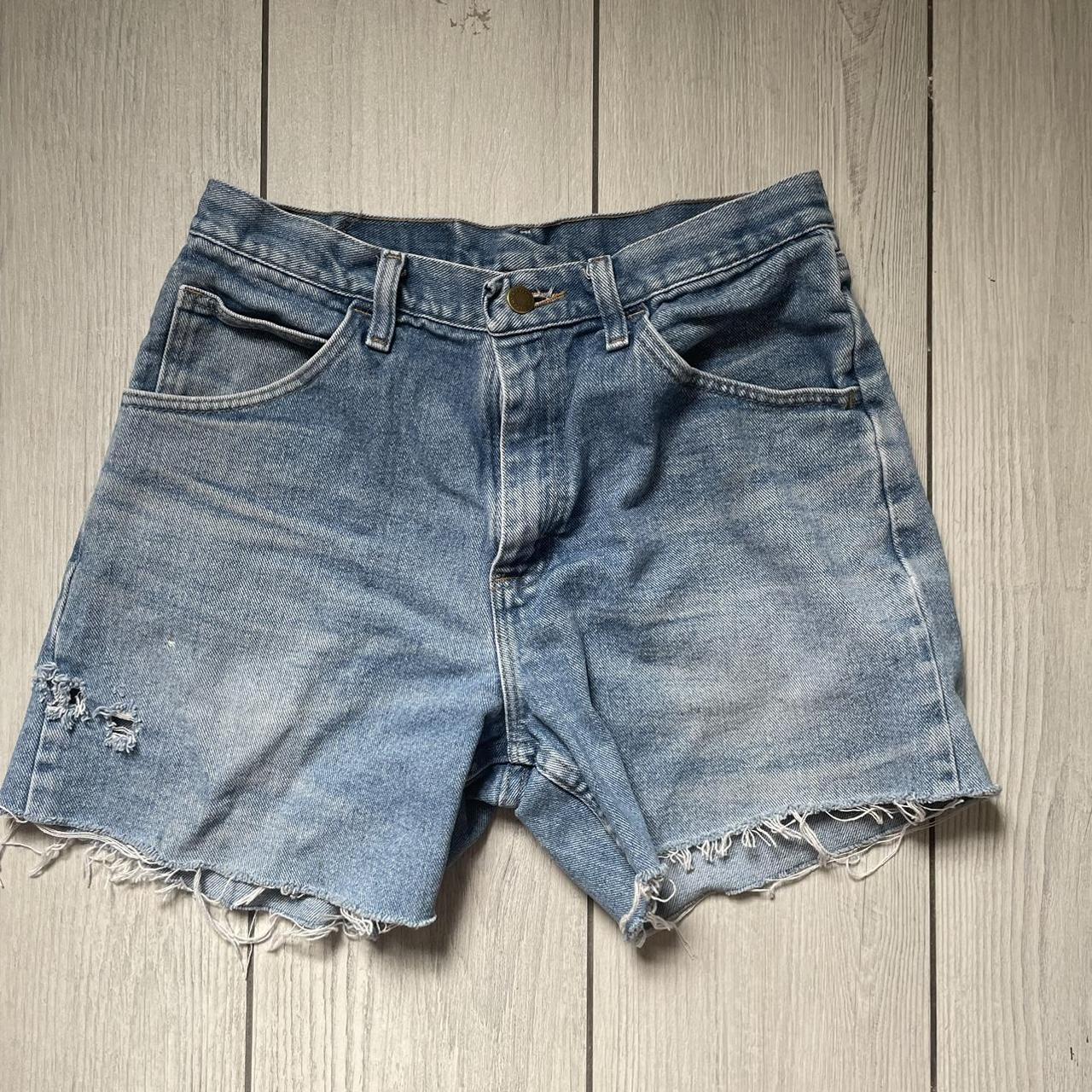 medium wash wrangler cut off denim jorts men’s size... - Depop