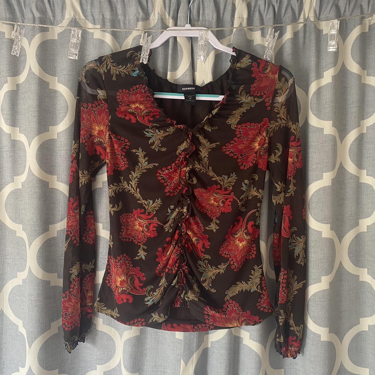 Express brown and floral sheer-ish shirt. Has ruffle... - Depop