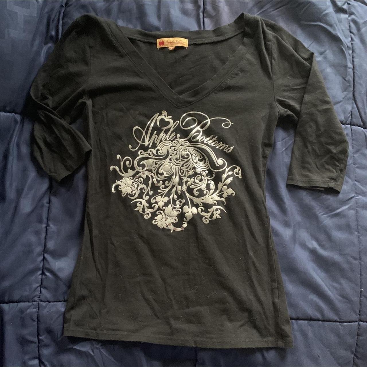 2000s half sleeve apple bottoms black v neck tee... - Depop