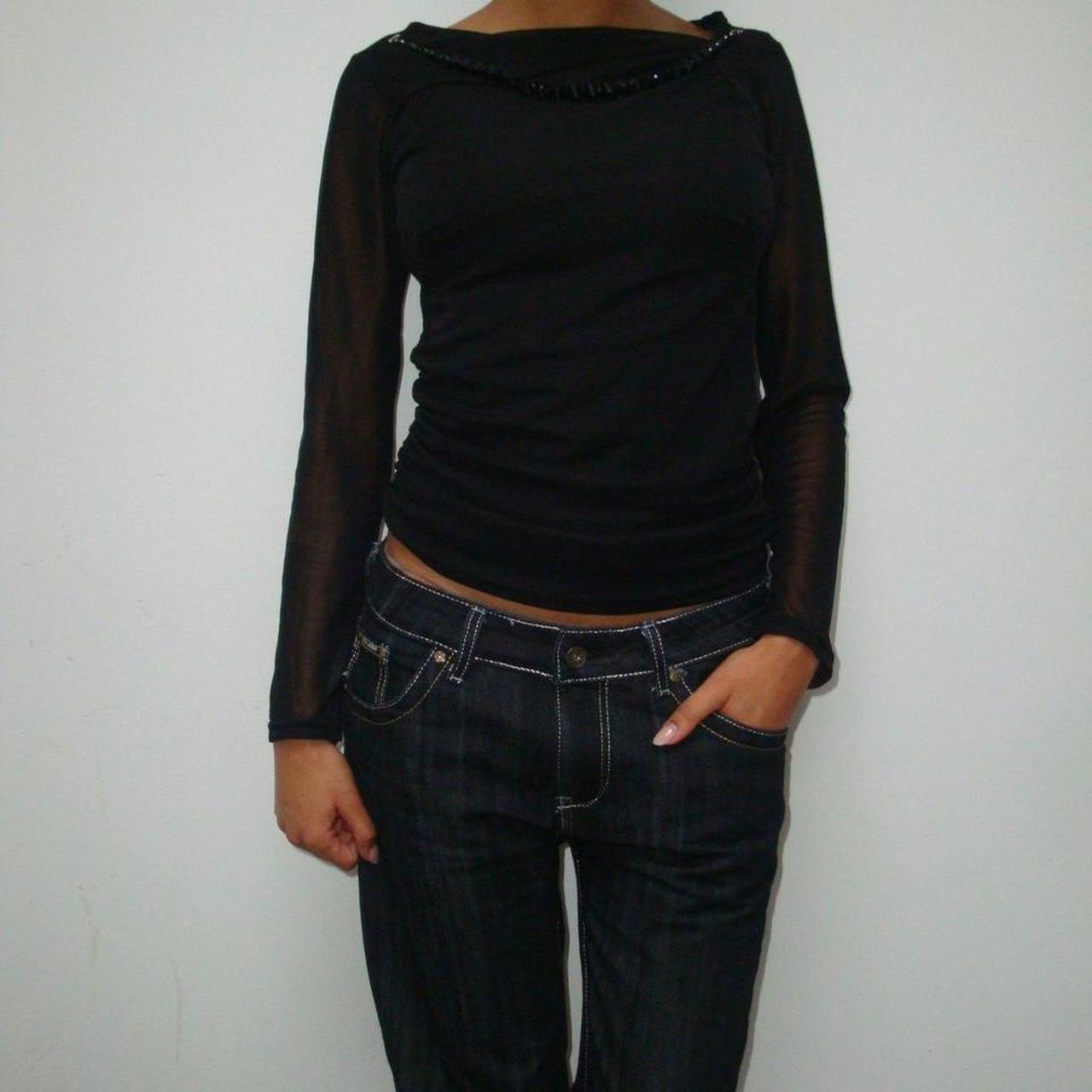 2000s mesh overlay sleeve top with ruched front with... - Depop