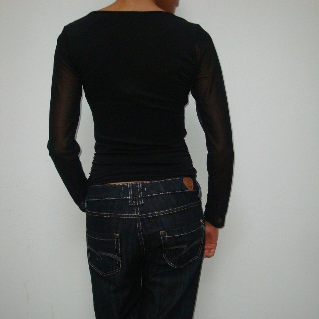 2000s mesh overlay sleeve top with ruched front with... - Depop