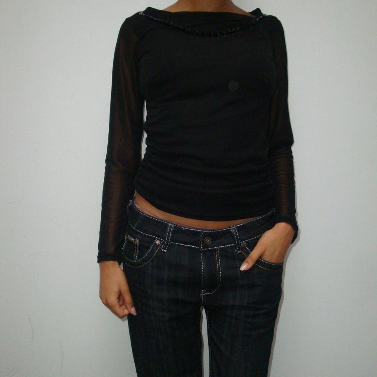 2000s mesh overlay sleeve top with ruched front with... - Depop