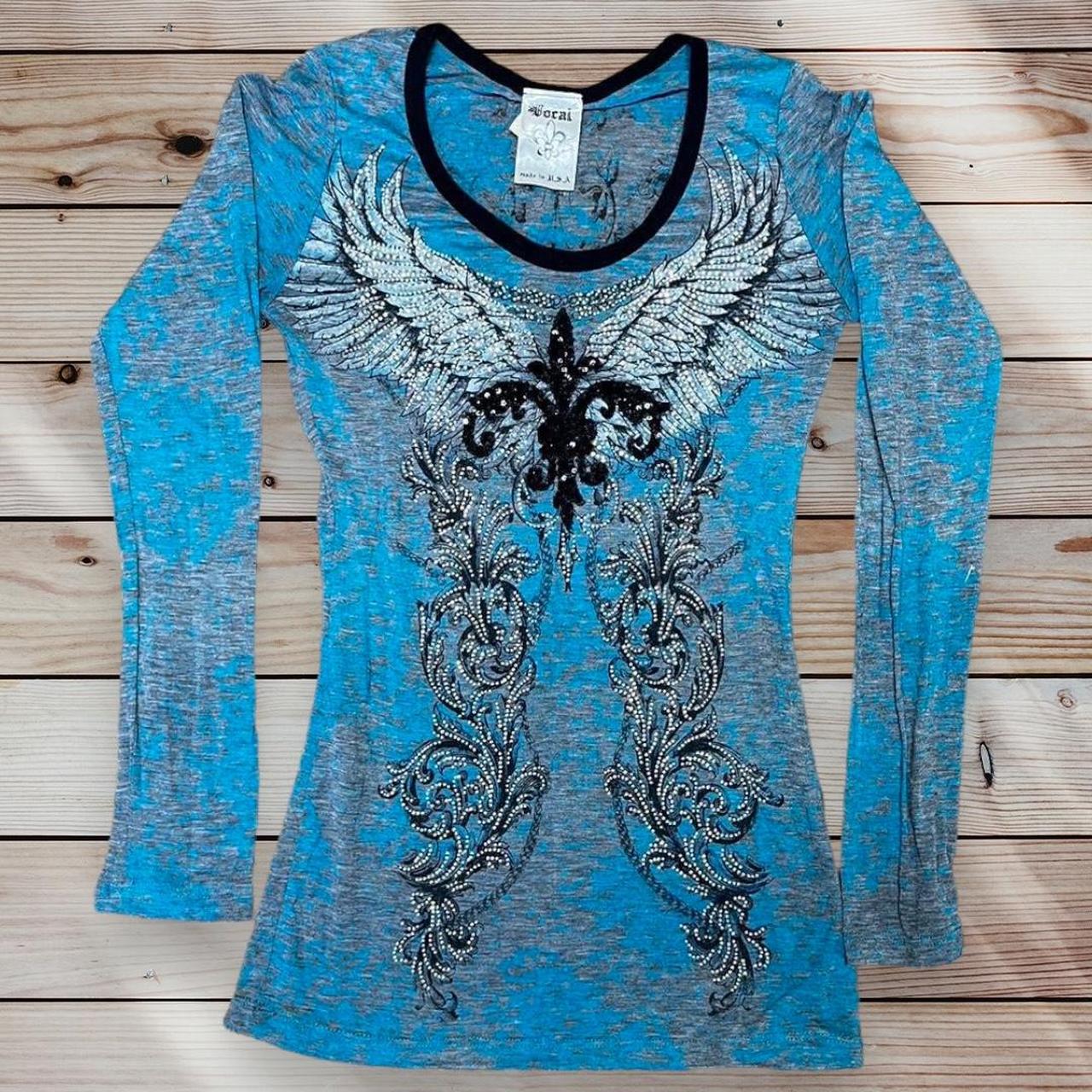 Y2K rhinestone affliction style long sleeve shirt... - Depop
