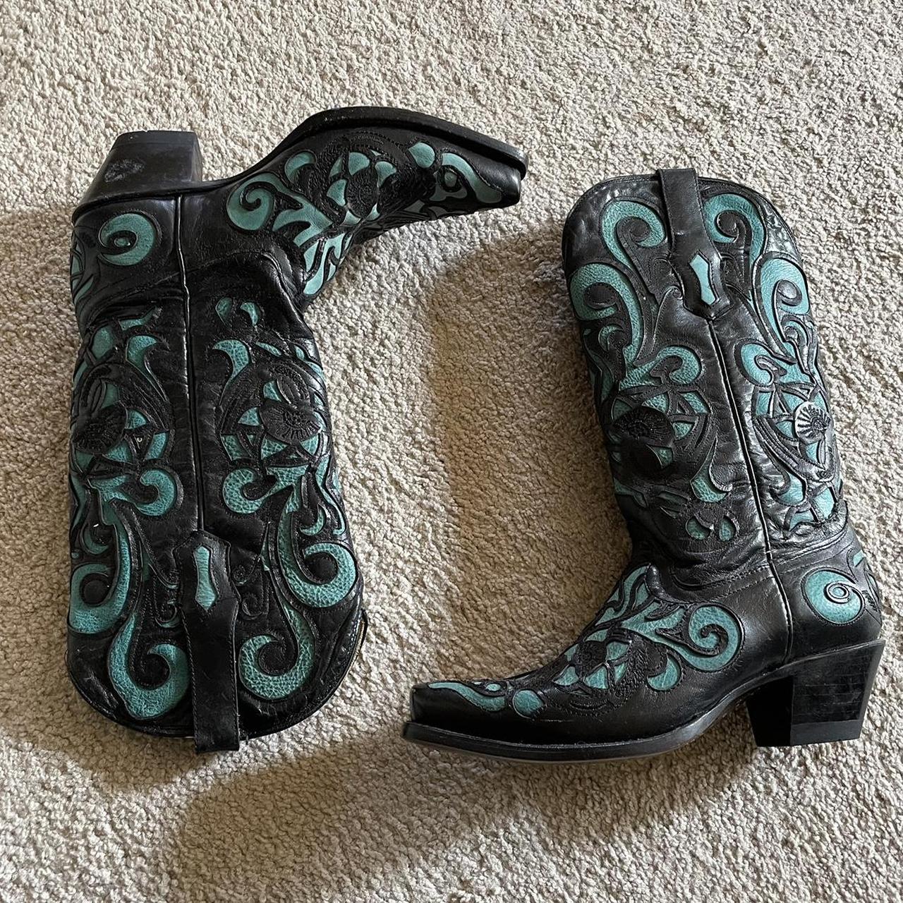 True vintage Corral brand blue and black cowboy... - Depop