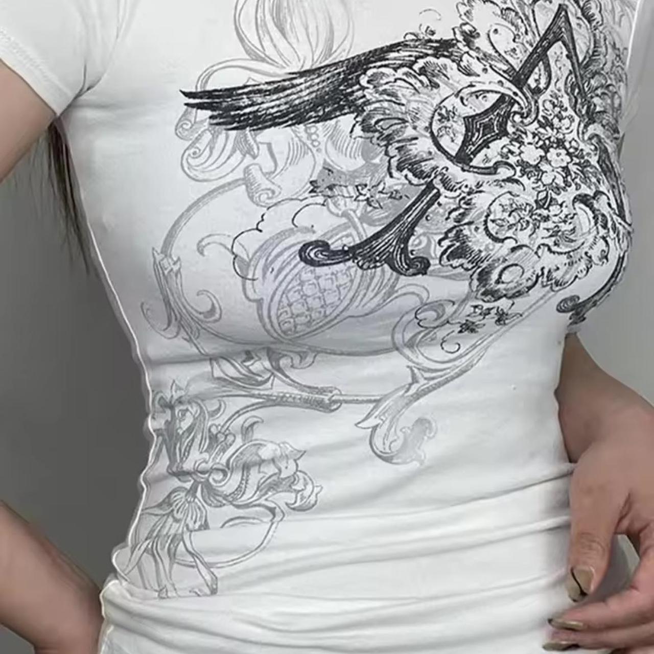 fitted long line white grey and black shirt with ... - Depop