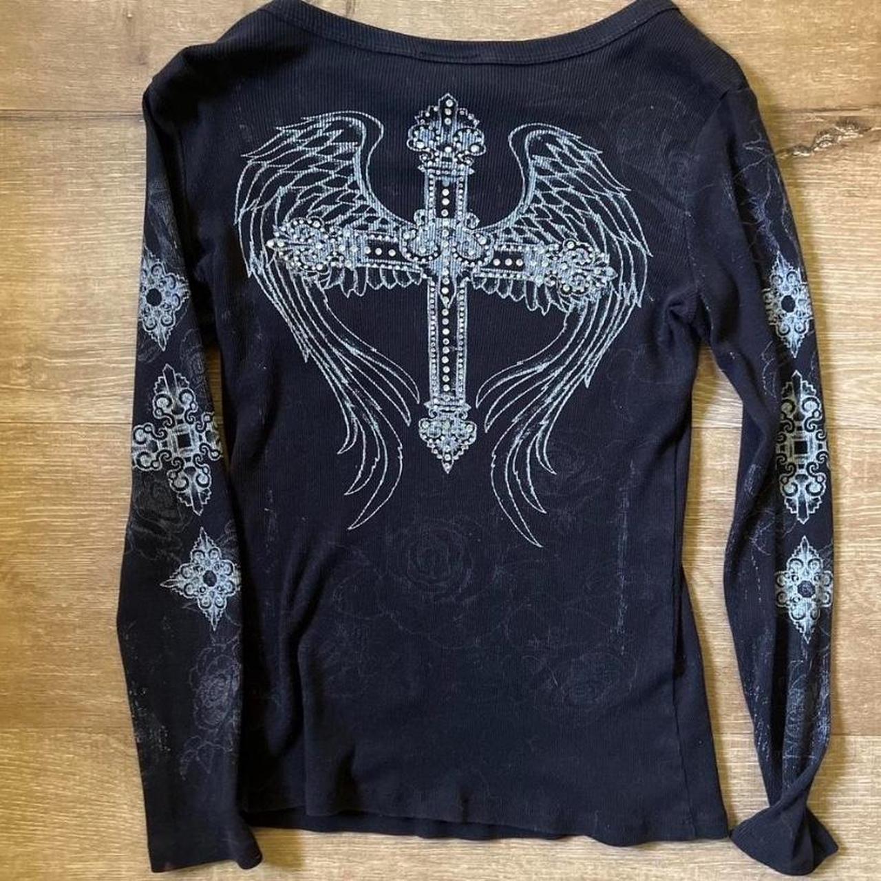 Grunge style long sleeve top with a cross design on... - Depop