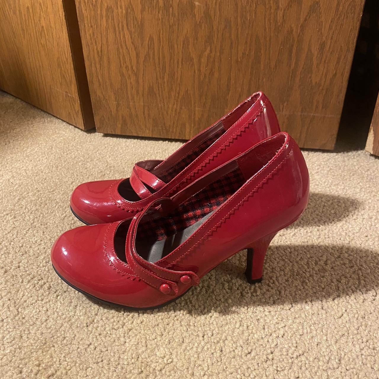 Cute Red Mary Jane Shoes. Size 7-7.5. Small mark on... - Depop