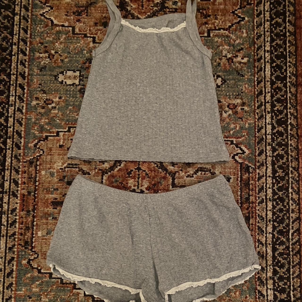 Brandy Melville pj gray lace trimmed sleep set... - Depop
