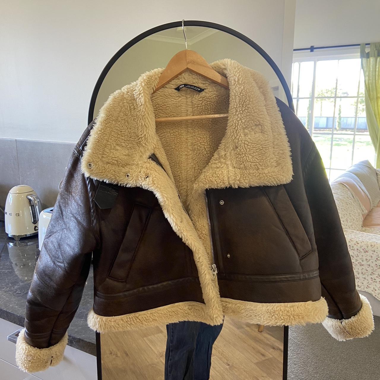 Zara brown and cream aviator jacket with Sherpa... - Depop