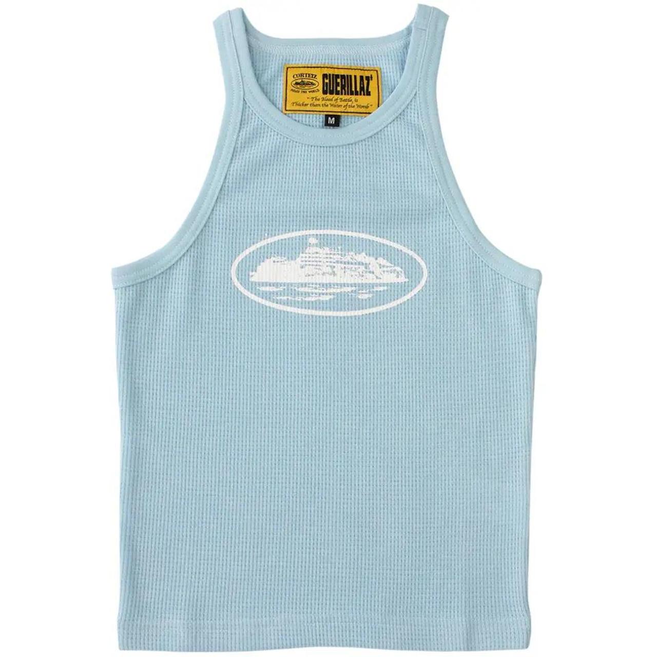 Corteiz Women's Blue and White Crop-top | Depop