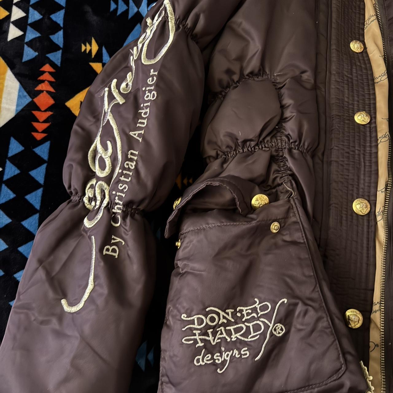 Ed Hardy black puffer jacket with faux fur trim,... | Depop