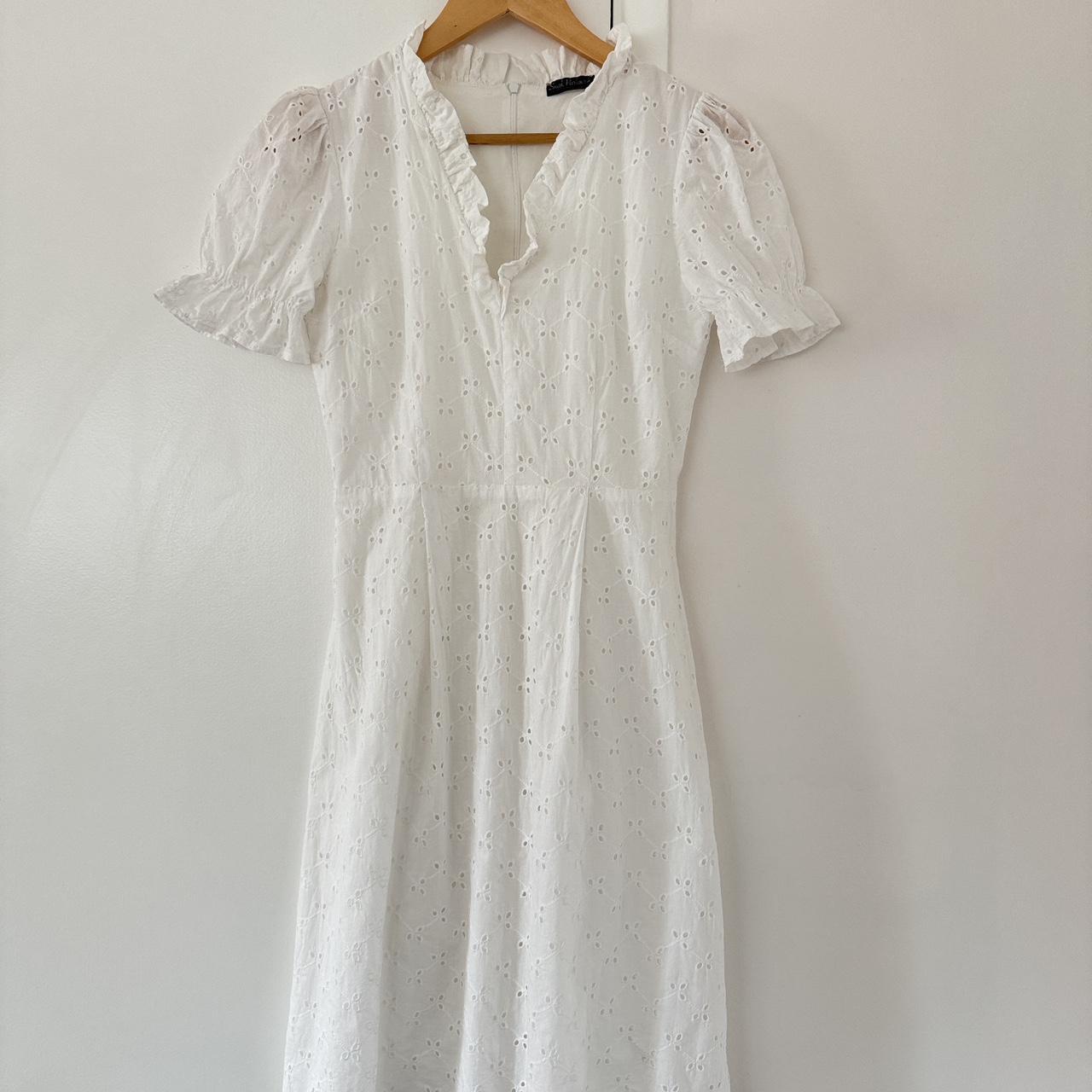 White eyelet ruffle v neck dress Waist 28... - Depop