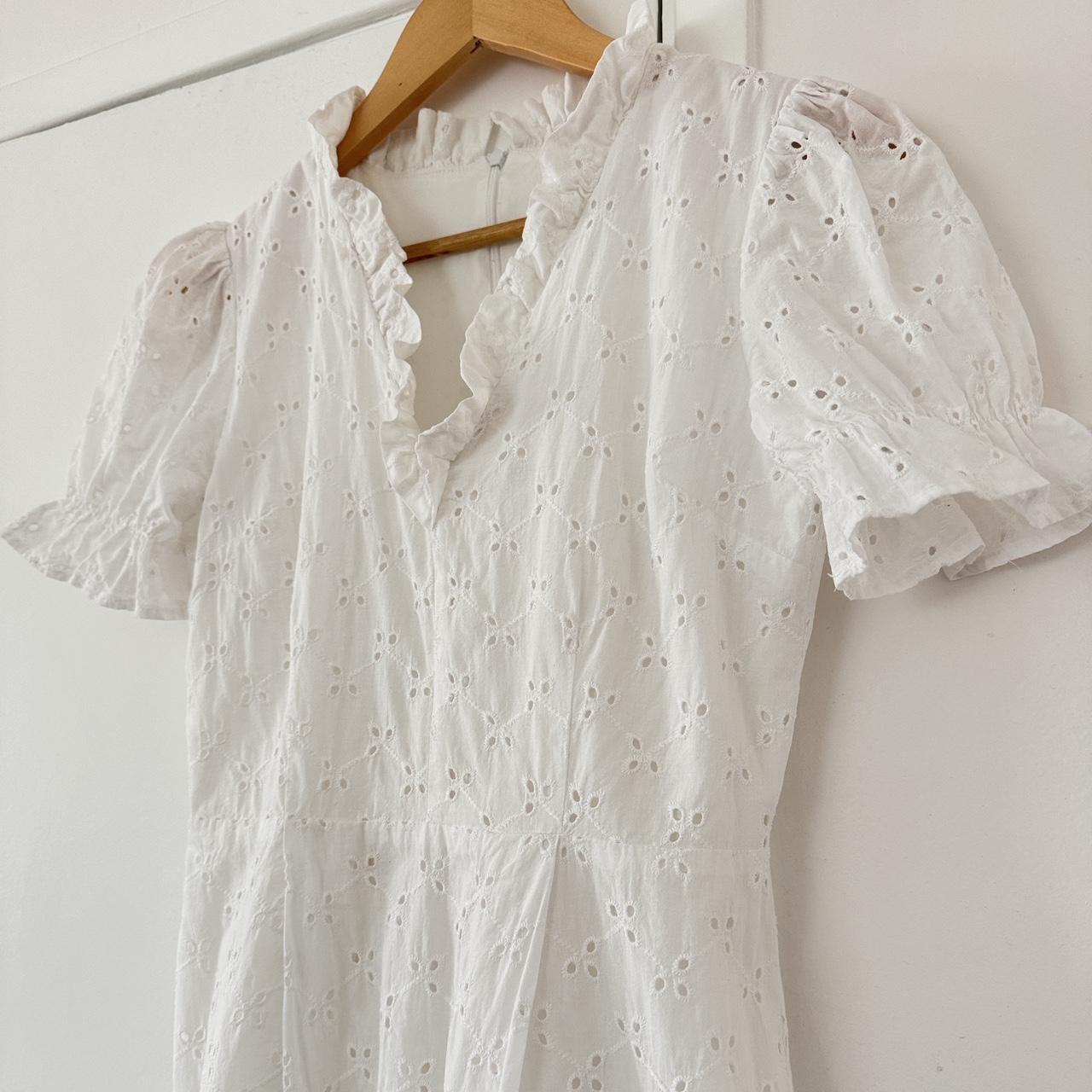 White eyelet ruffle v neck dress Waist 28... - Depop