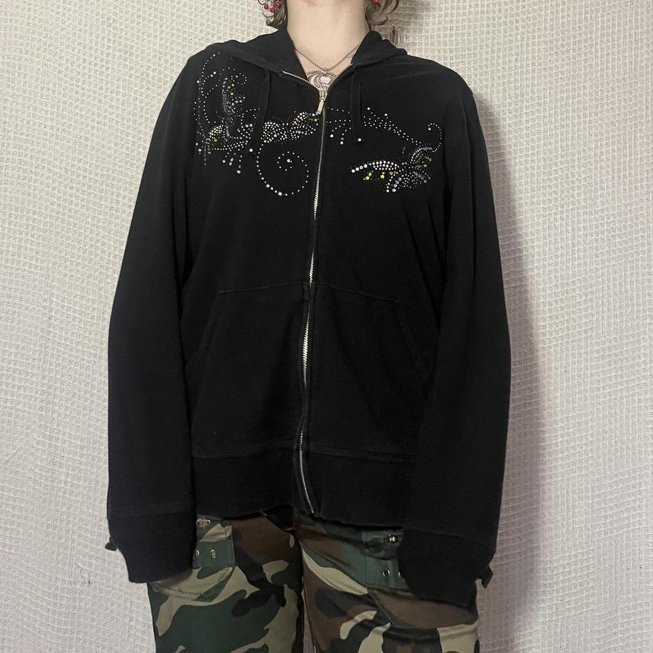 Onque Casuals Y2k bedazzled black hoodie zip up with... - Depop
