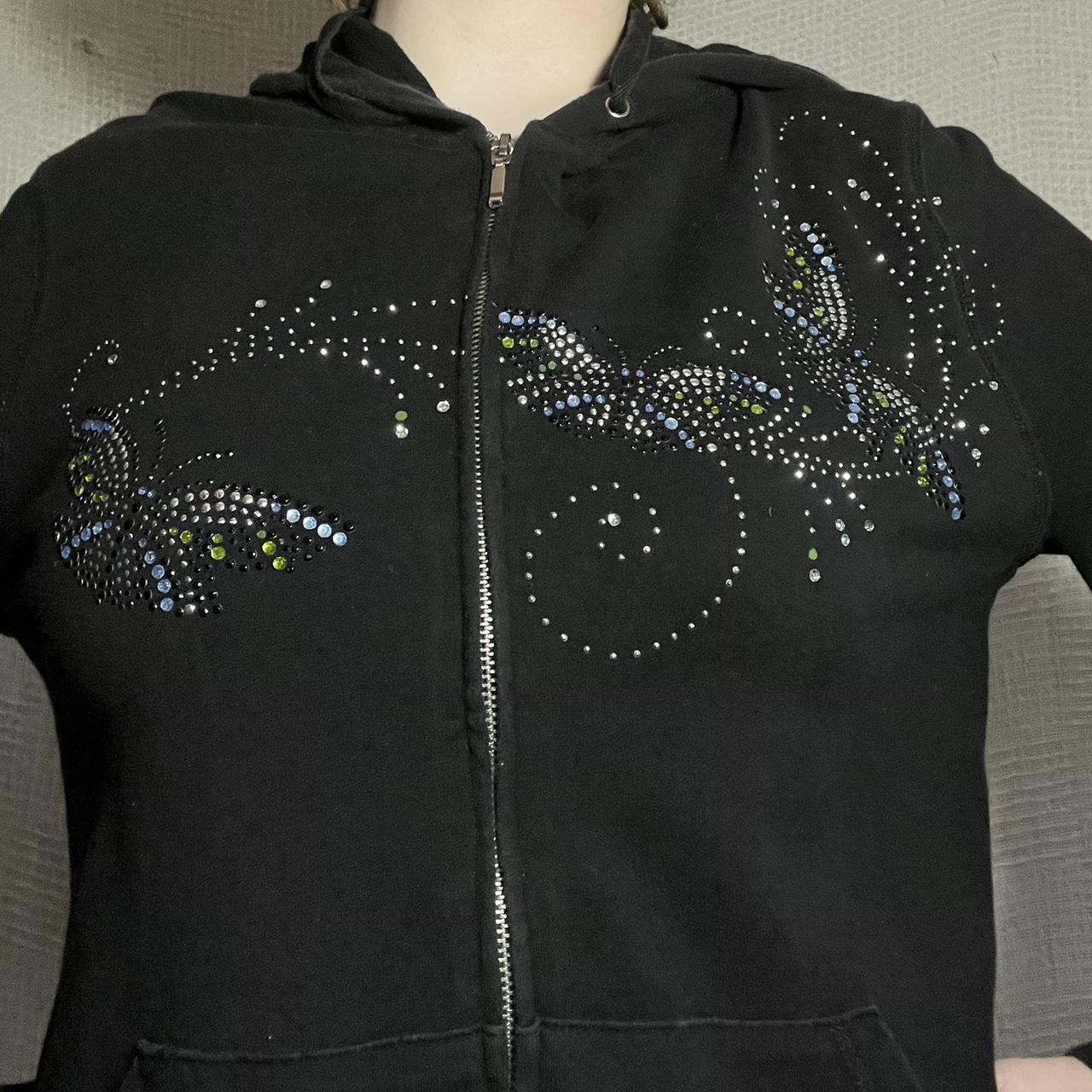 Onque Casuals Y2k bedazzled black hoodie zip up with... - Depop