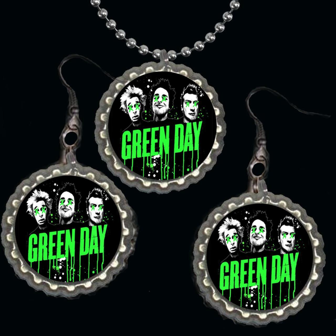 Green Day Rock band necklace and earrings set These... - Depop