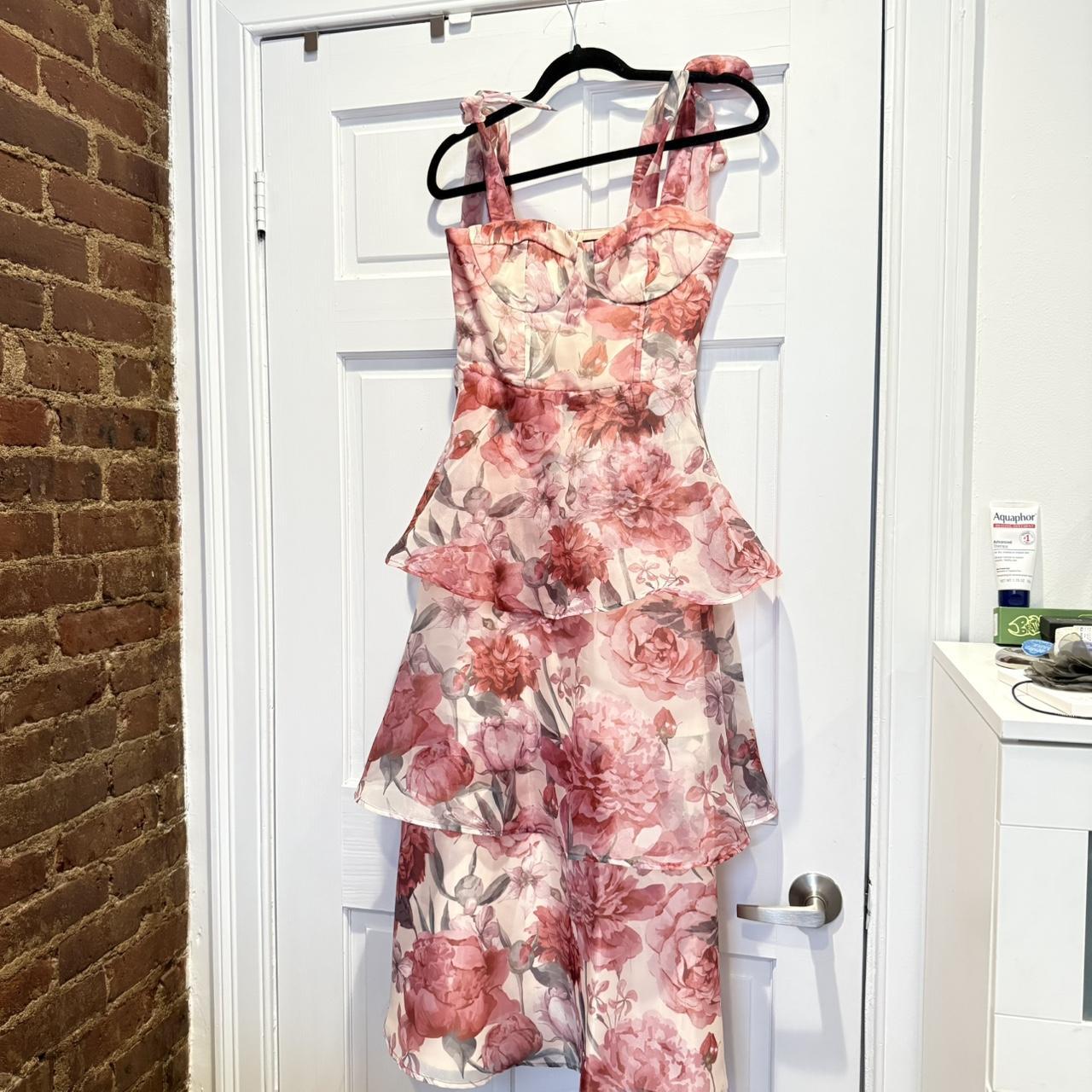 Playfully Posh Blush Floral Organza Tie-Strap Tiered... | Depop