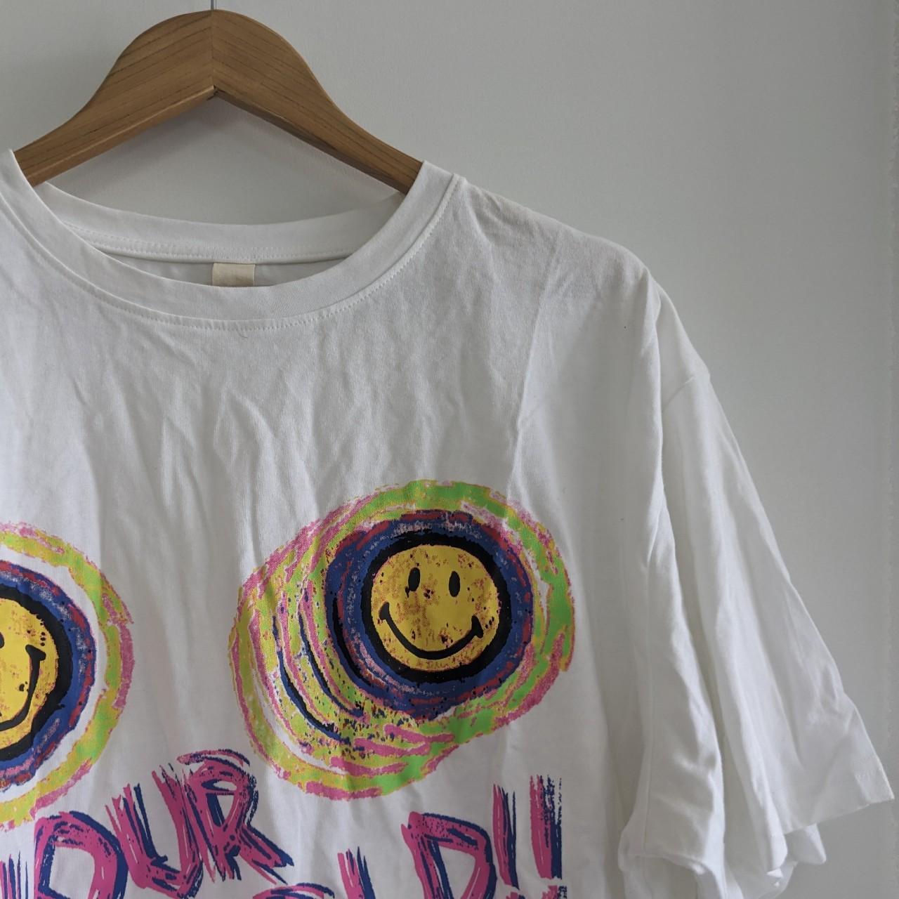Oversized graphic smiley white tee fits most... - Depop