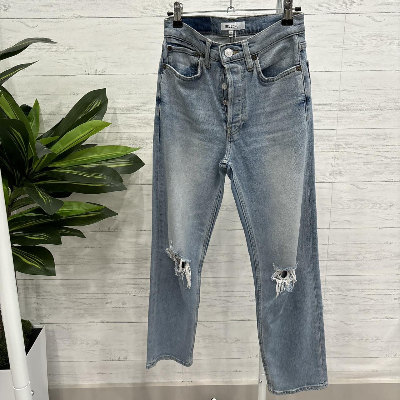 Light blue straight leg jeans with distressed... - Depop