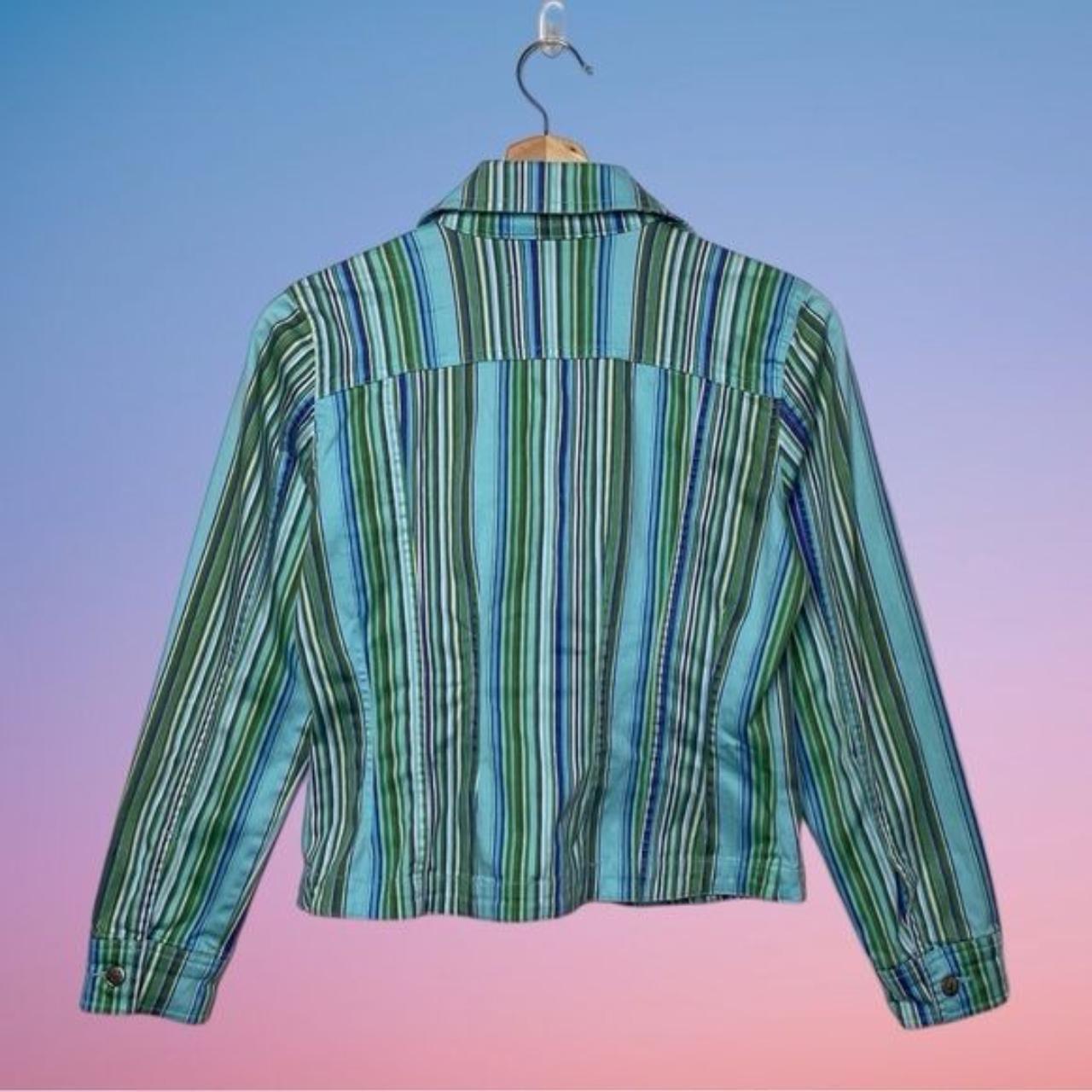 Y2K Striped Denim Jacket Blue and Green multi... - Depop