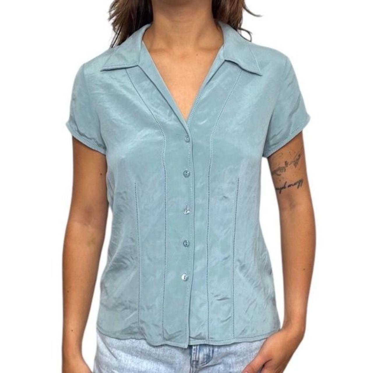 90s Silk Button Up Vintage 90s Baby Blue 100%... - Depop