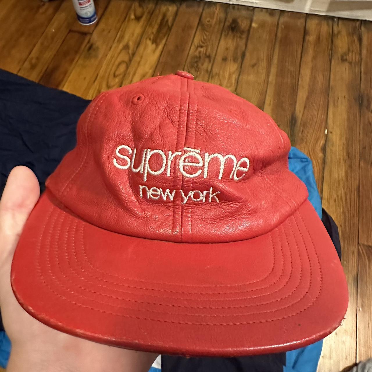 Red leather supreme strapback 5 panel hat USA... - Depop
