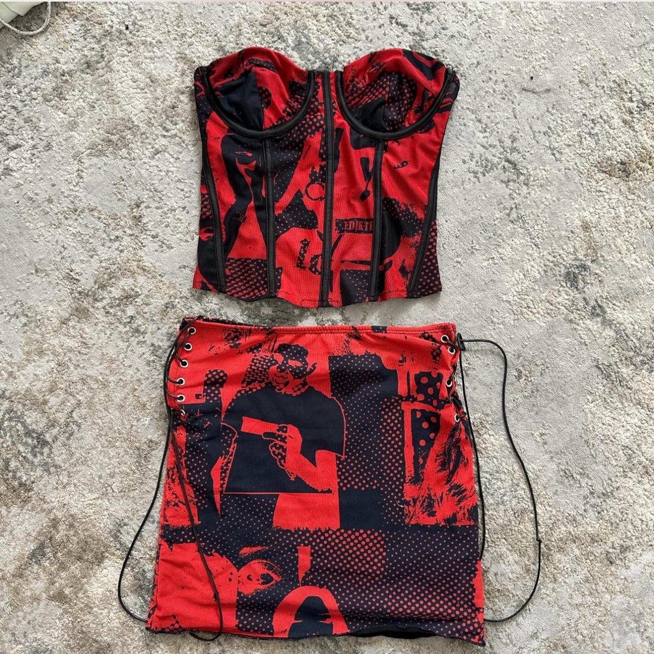 Edikted corset top & skirt set red and black both... - Depop