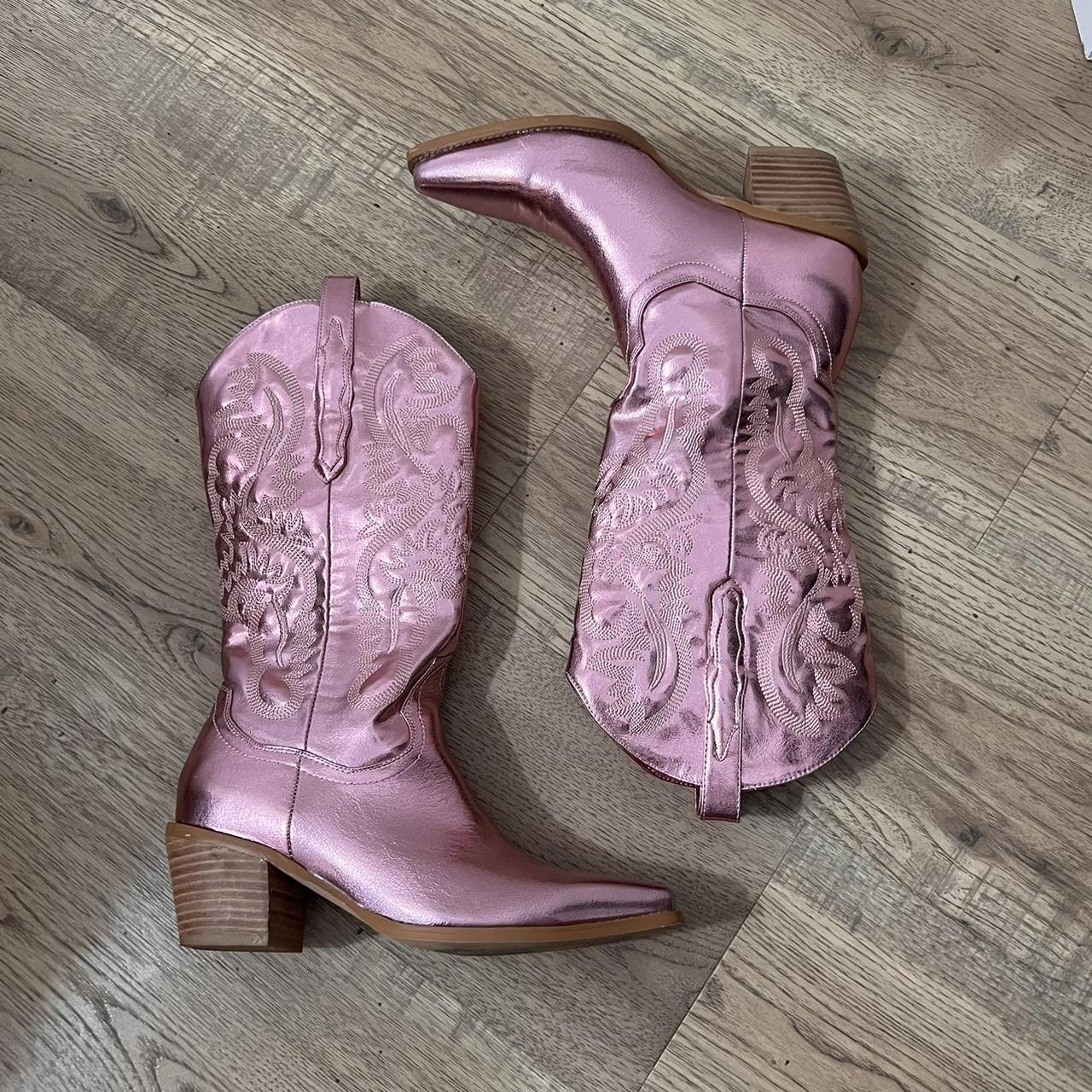 Metallic Pink Cowgirl Boots 💖 size 9 super cute I... - Depop