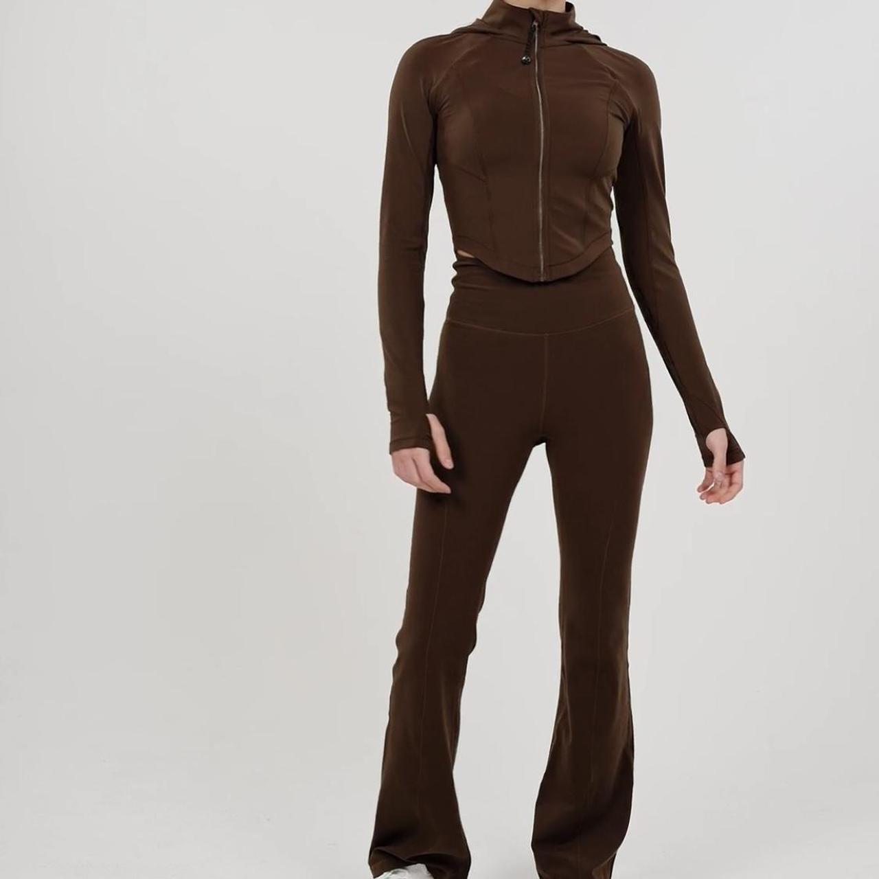 brown activewear set bbl effect cropped zip up... - Depop