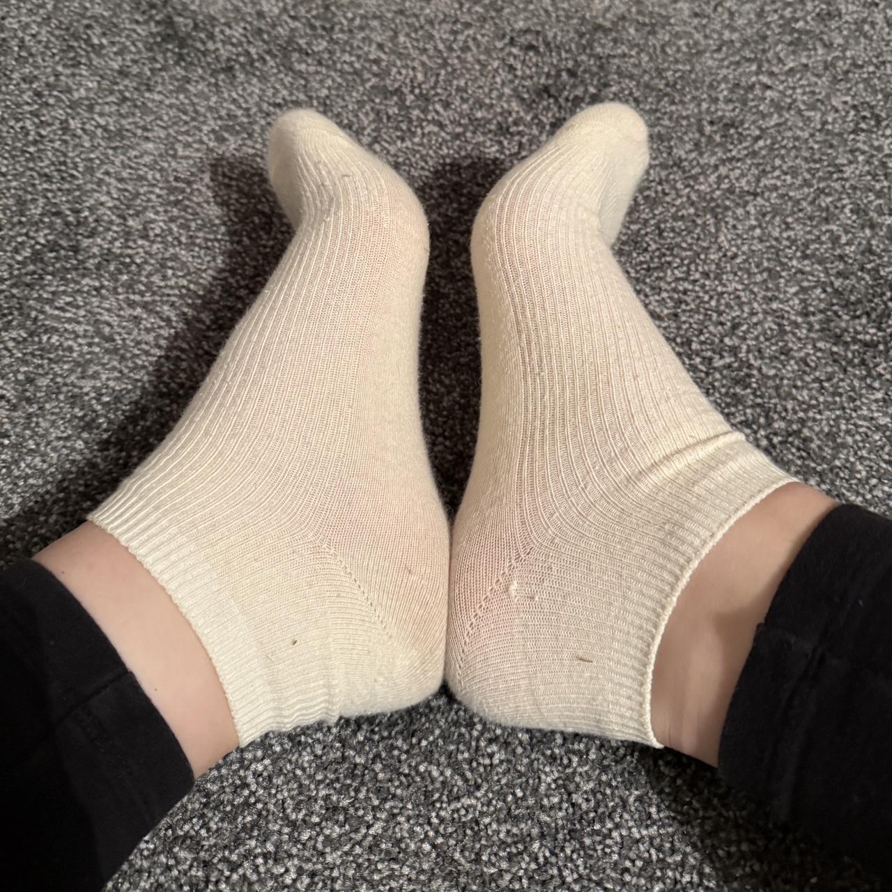 Pale yellow trainer socks, really well worn🤭... - Depop