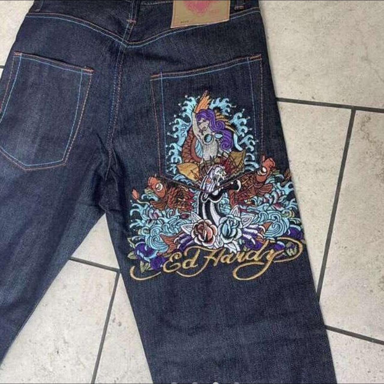 Rare Ed Hardy Jeans in Great Condition with a Baggy... - Depop