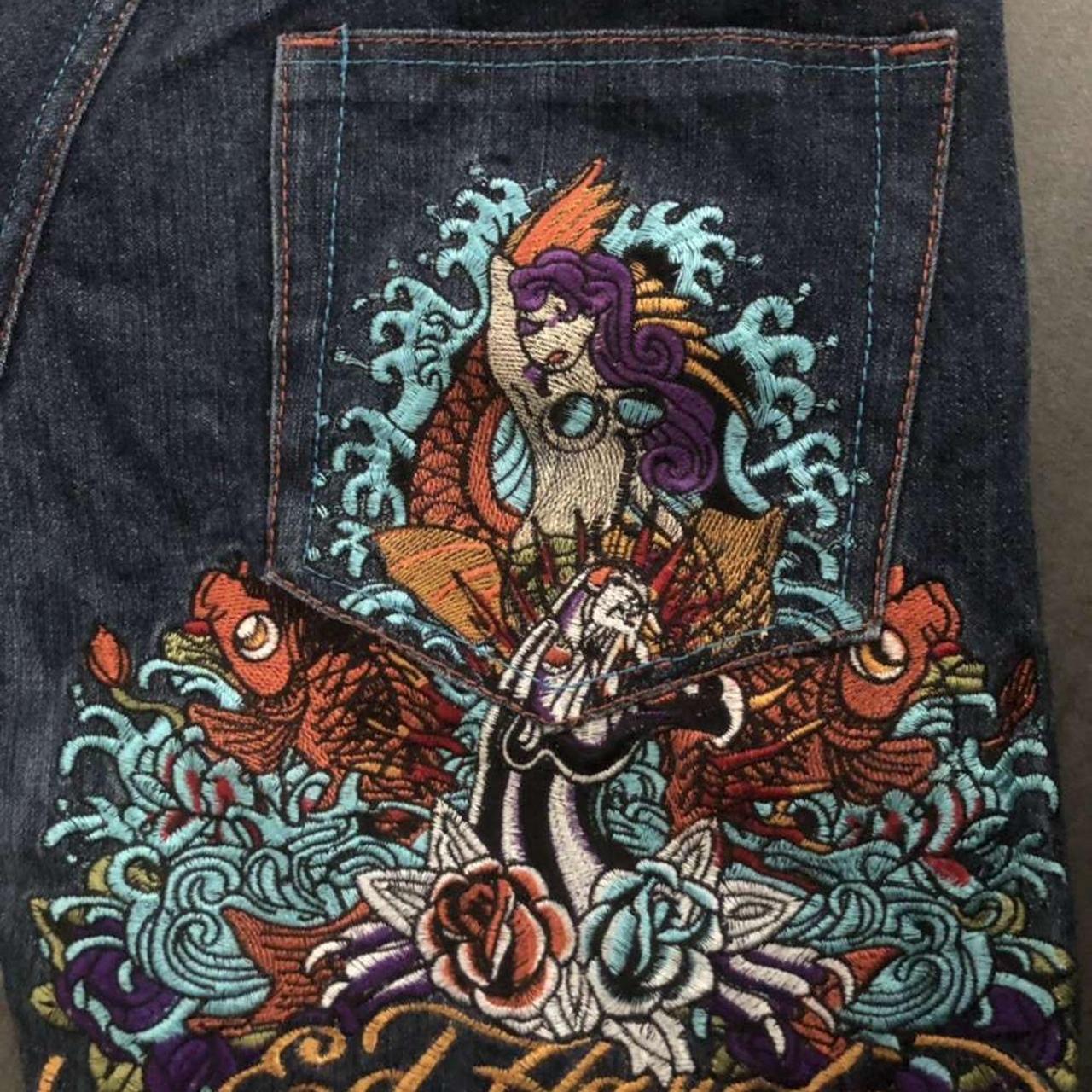 Rare Ed Hardy Jeans in Great Condition with a Baggy... - Depop