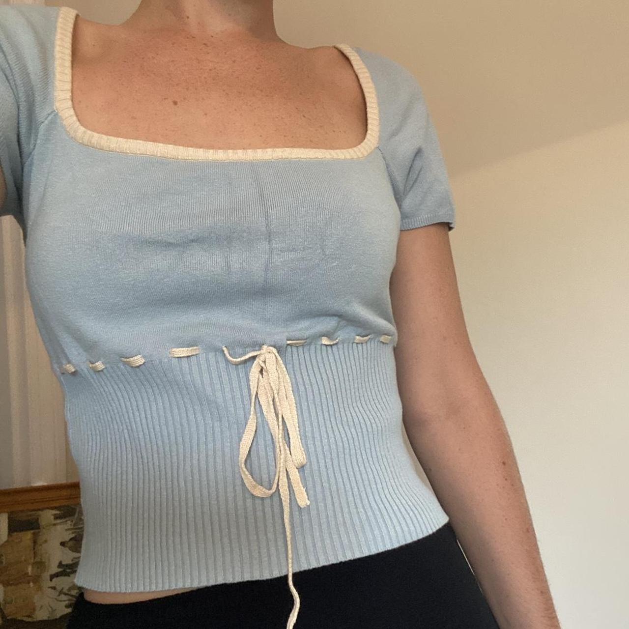 Lovely square neck blue and cream knit crop top with... - Depop