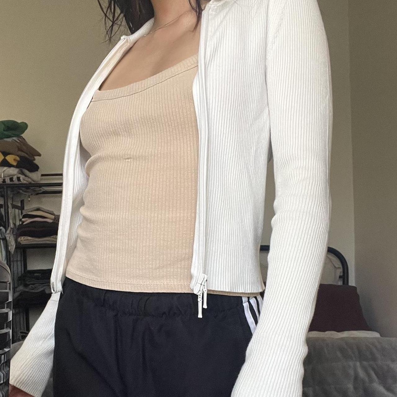 Stradivarius white ribbed zip up top/cardigan. Can... - Depop