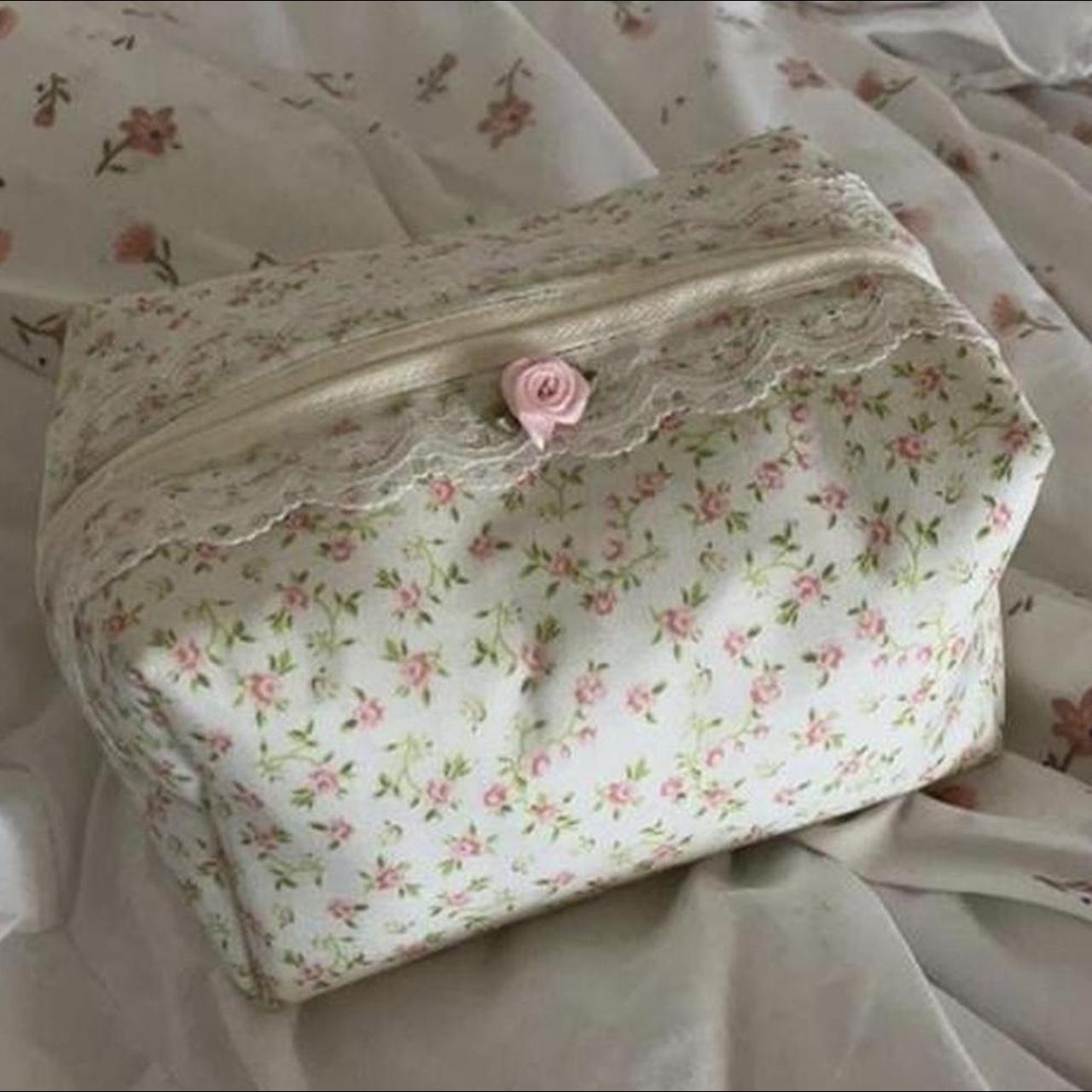 iconic pink floral makeup pouch with lace and pink... - Depop