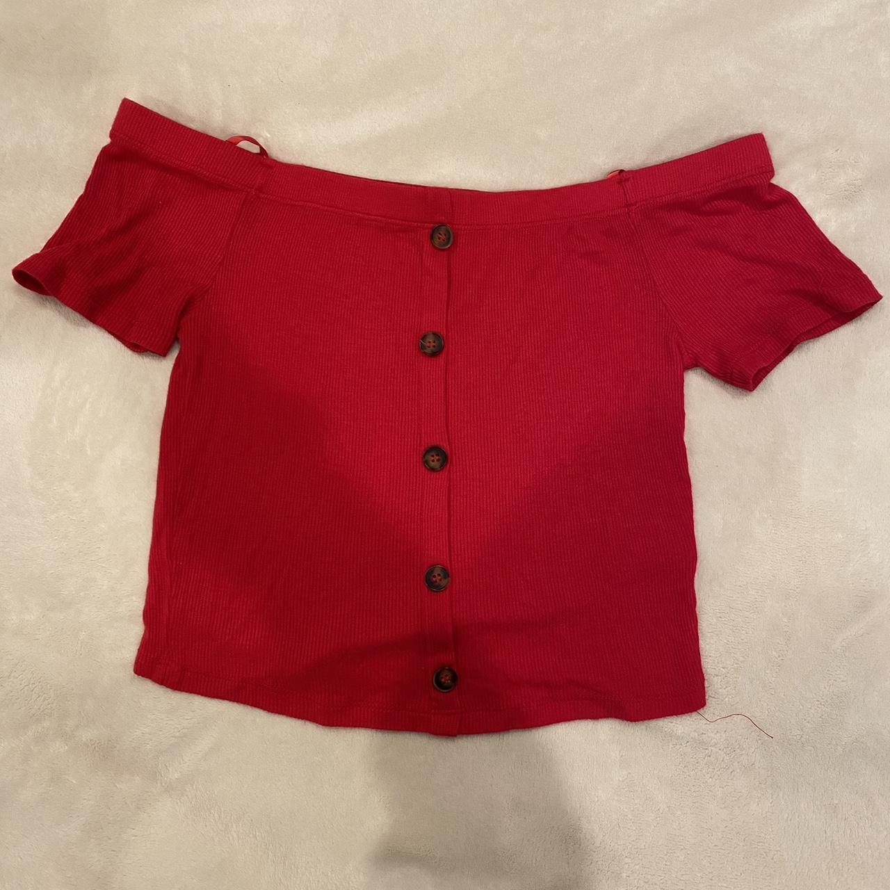 red off the shoulder buttoned shirt it says it’s a... - Depop