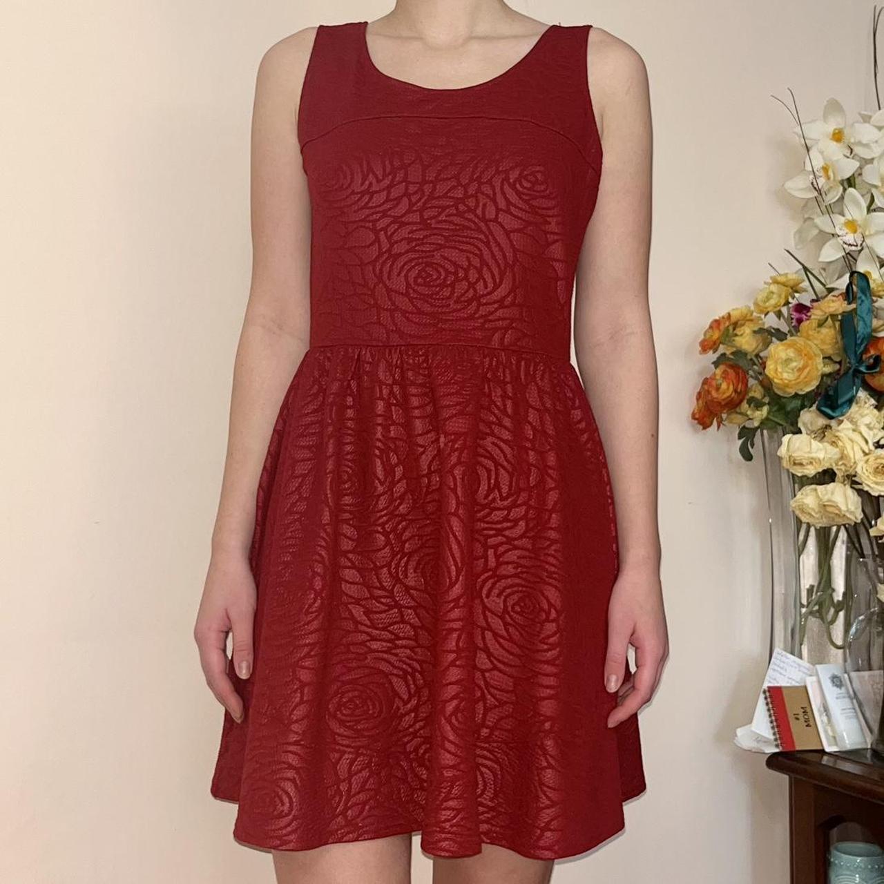 Short red fit & flare dress with floral design from... - Depop