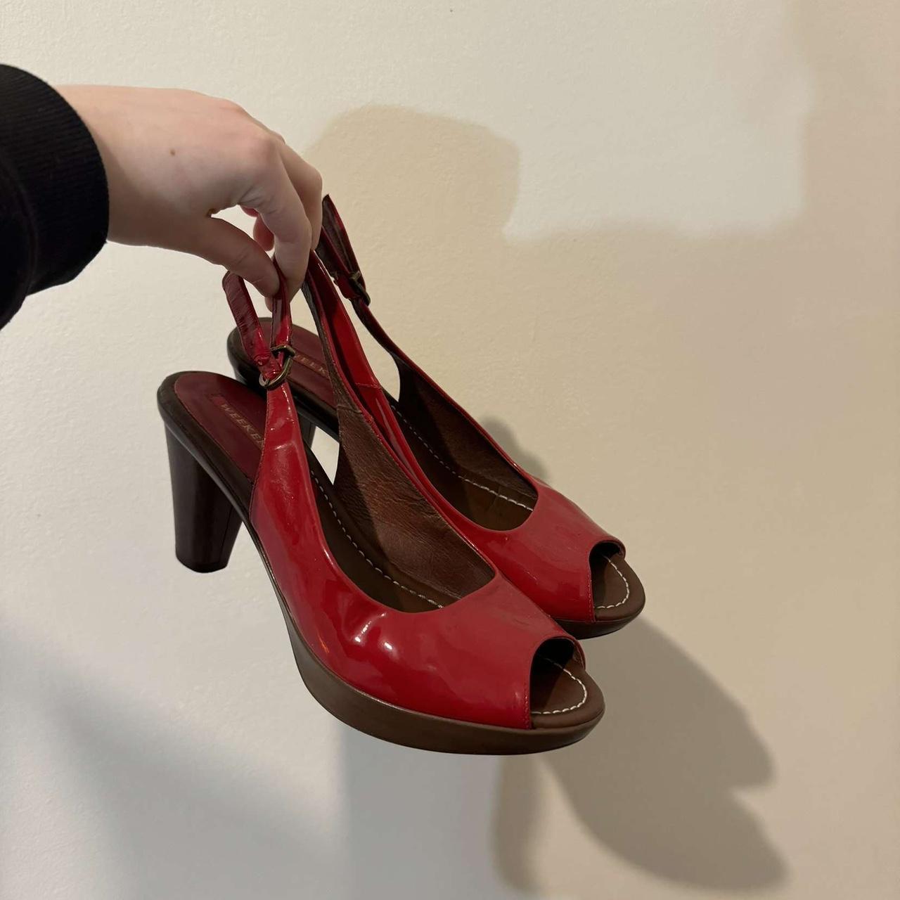 red peep toe kitten heel second hand but never worn... - Depop