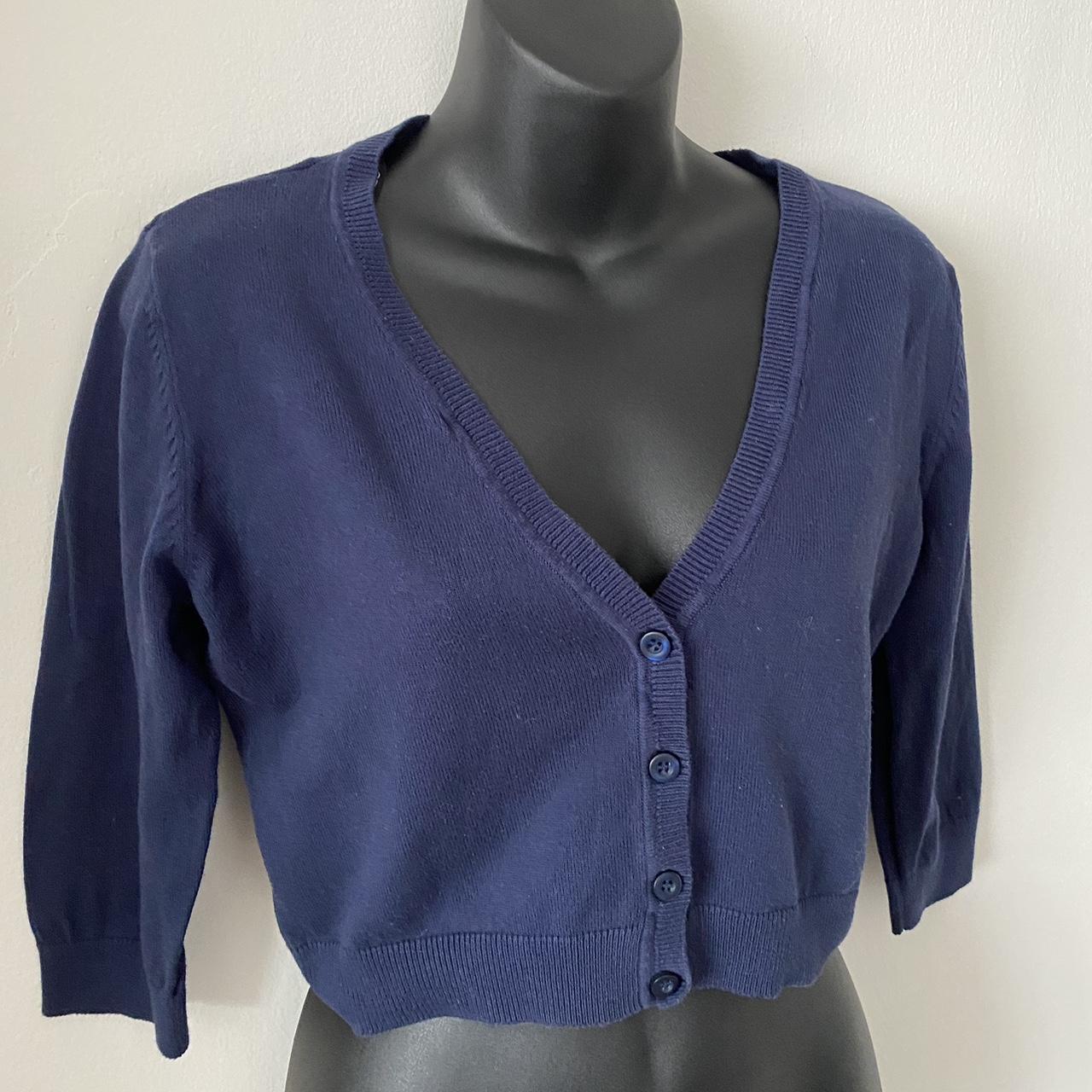 new look blue cropped cardigan size 12 but runs... - Depop