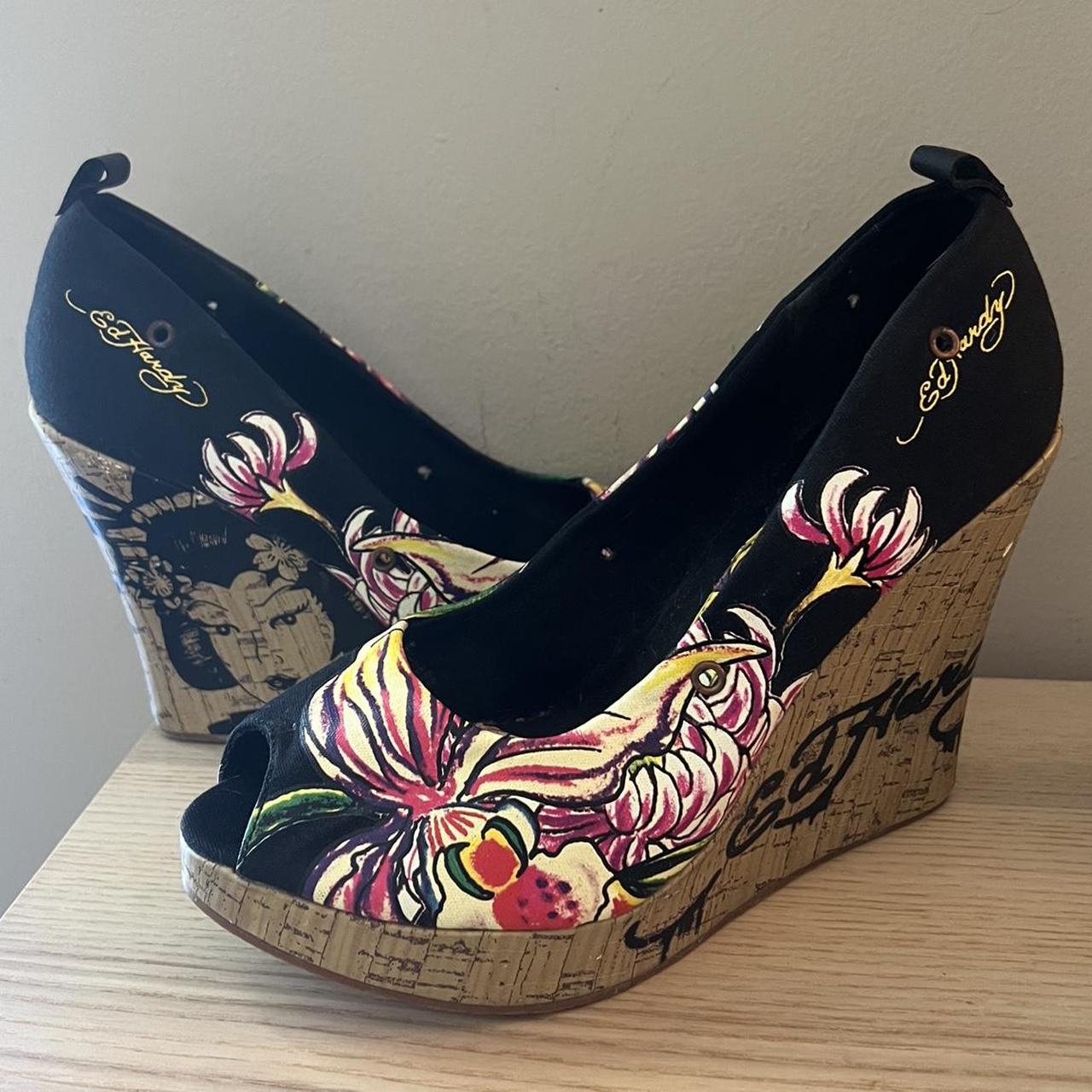 Ed Hardy geisha floral wedges 🌸🖤 Good condition for... - Depop
