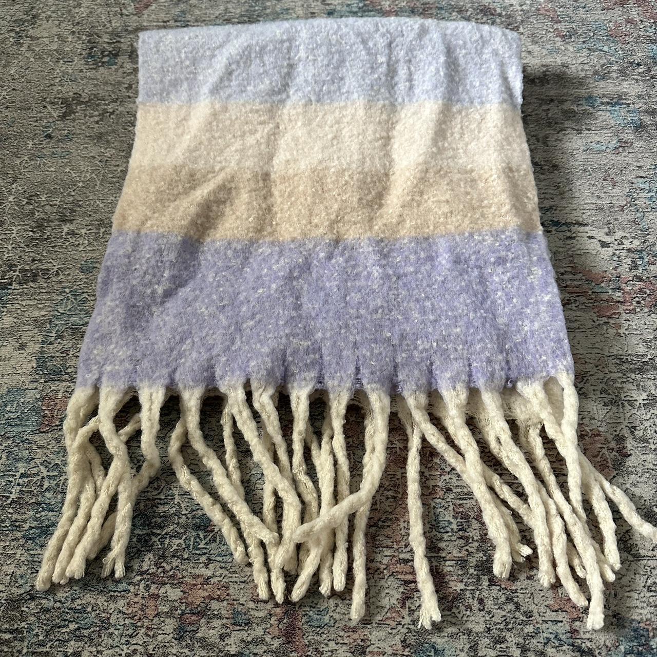 thick warm winter fall scarf cream frills with blue... - Depop