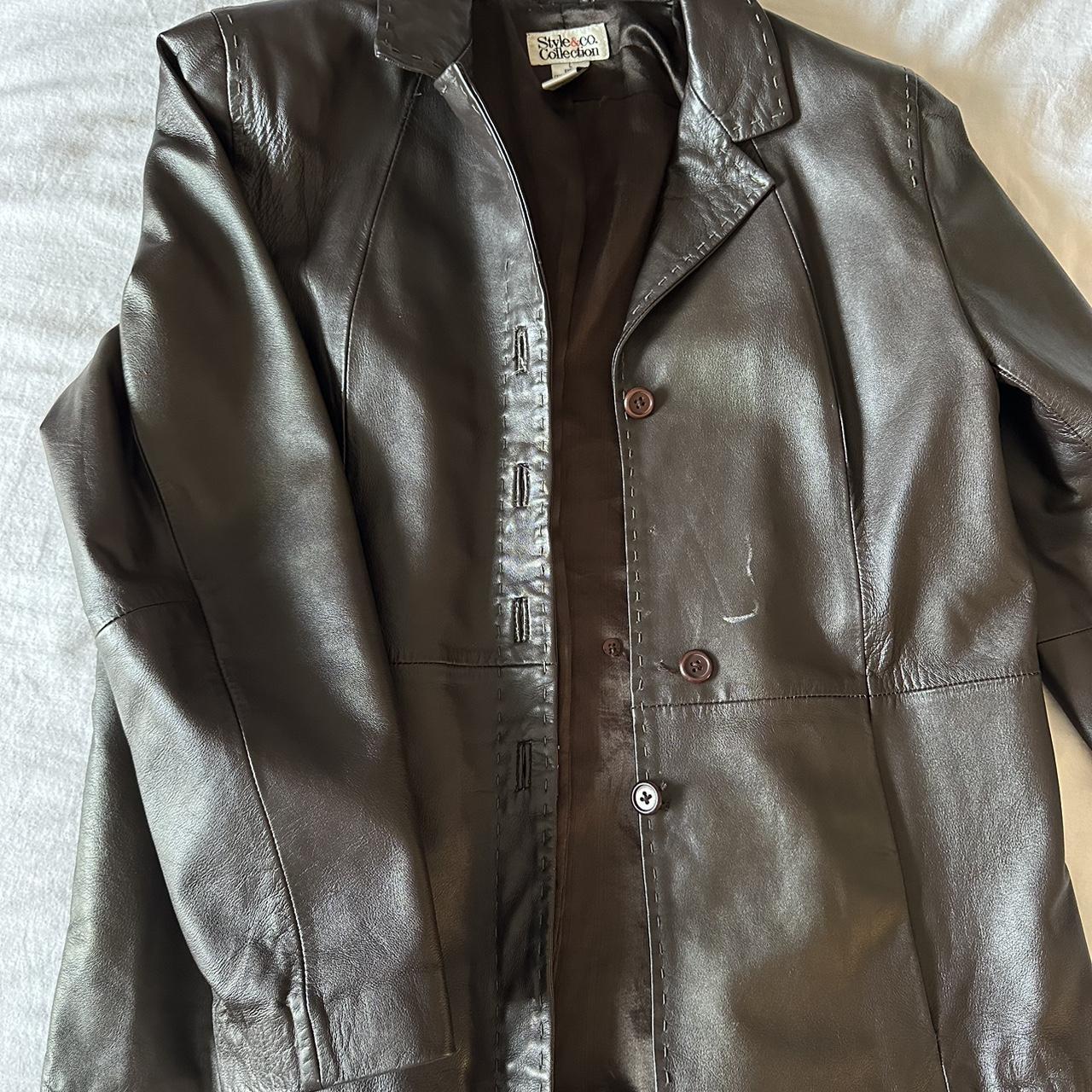 brown genuine leather jacket with green stitching... - Depop