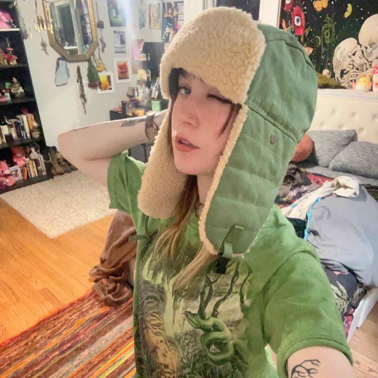 Green and cream fuzzy aviator cap w/... - Depop